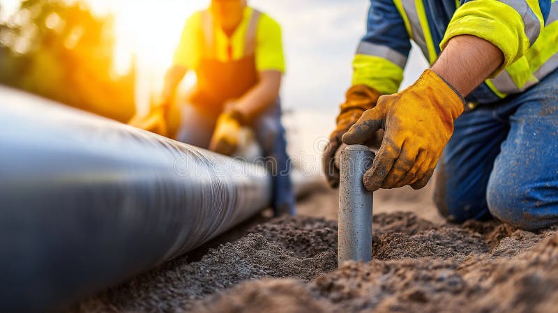 Construction Workers Assembling Large Pipe in Ground Wearing Safety ...