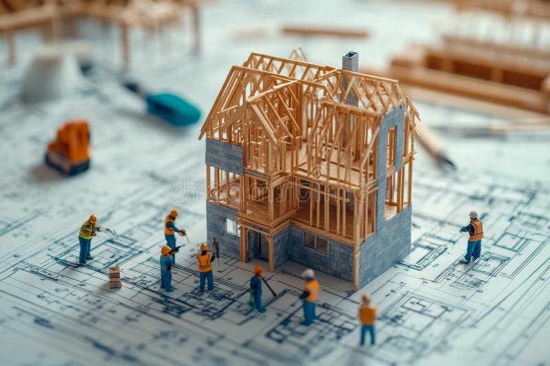 Construction Workers Assembling a Miniature Building Model on a ...