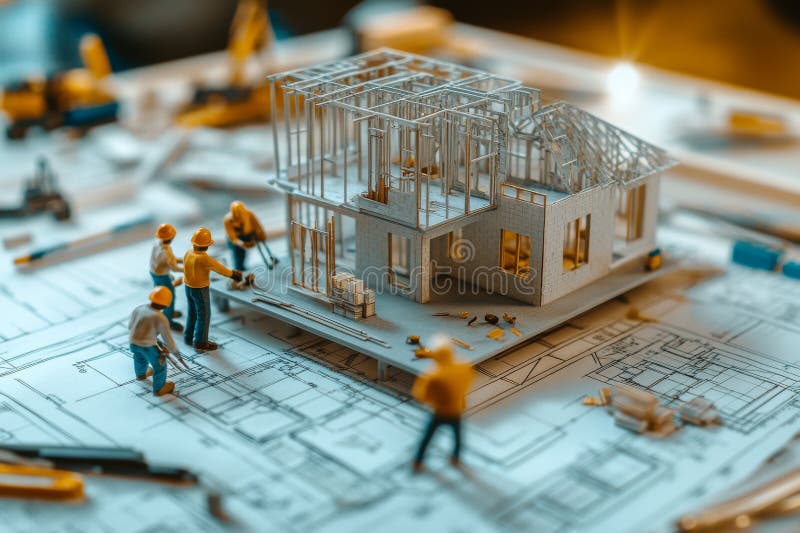 Construction Workers Assembling a Miniature Building Model on a ...