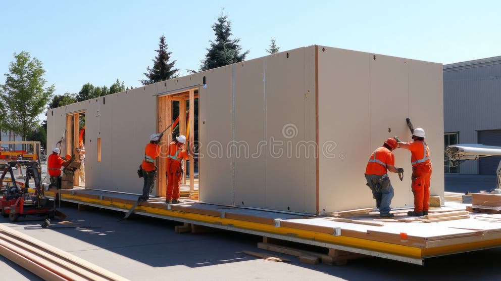 Construction Workers Assembling a Modular Home Section Stock ...