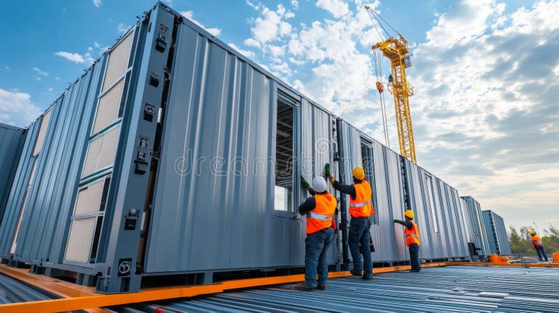 Construction Workers Assembling Prefabricated Metal Building Units ...