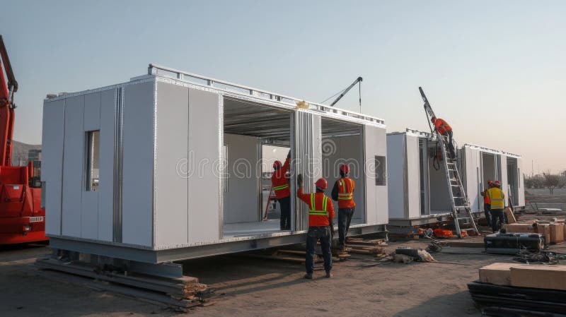 Construction Workers Assembling Prefabricated Modular Building Stock ...