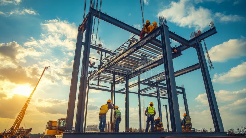 Construction Workers Assembling Steel Beams on a Building Frame Stock ...