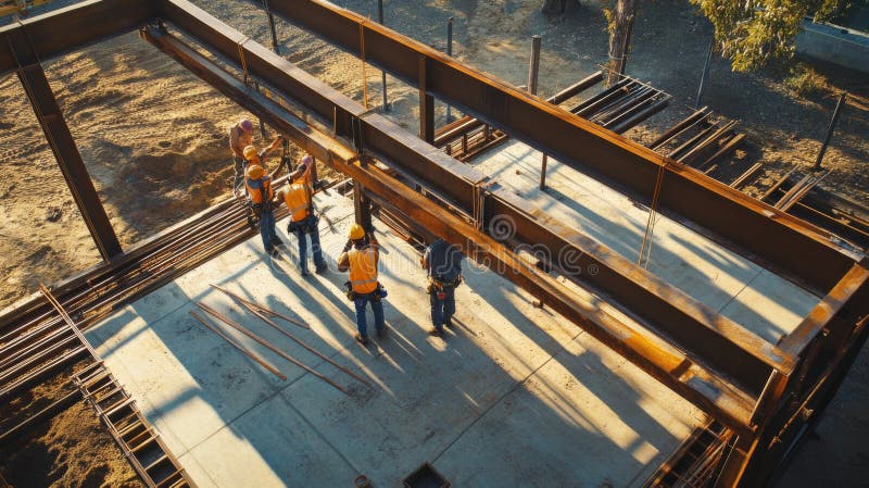 Construction Workers Assembling Steel Beams on a Building Site Stock ...