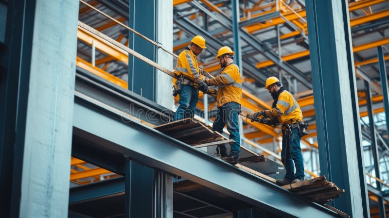 Construction Workers Assembling Steel Beams on a High-Rise Building ...