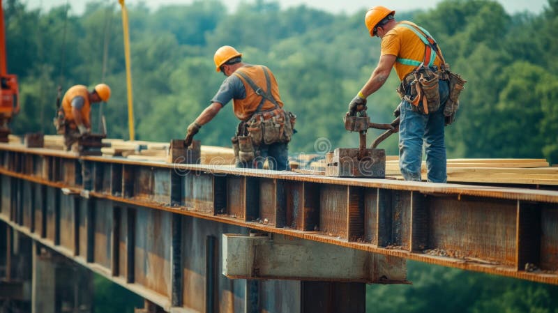 Construction Workers Assembling a Steel Bridge Structure Stock ...