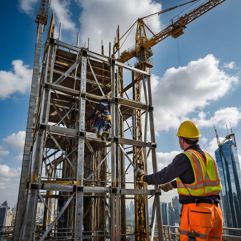 Construction Workers Assembling the Steel Frame of a Skyscraper at ...