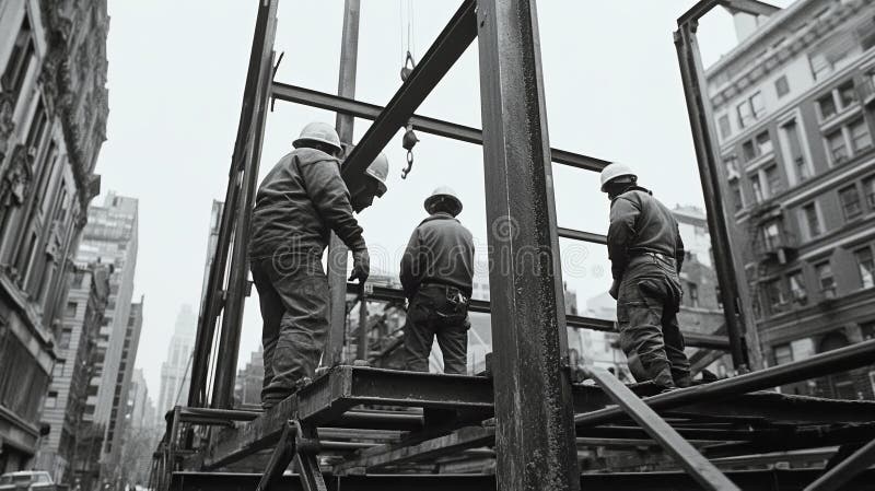 Construction Workers Assembling Steel Frames for a Commercial Building ...
