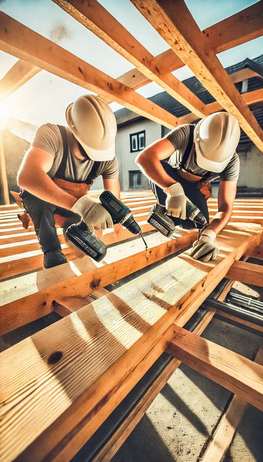 Construction Workers Assembling Wooden Beams on a House Frame at Sunset ...