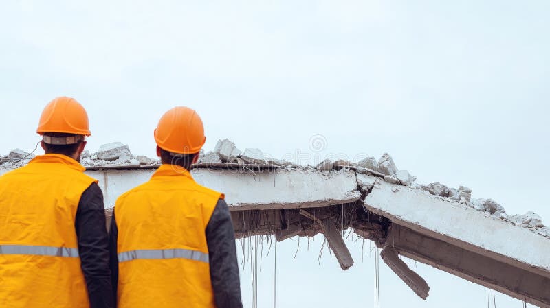 Construction Workers Assess a Damaged Structure while Wearing Safety ...