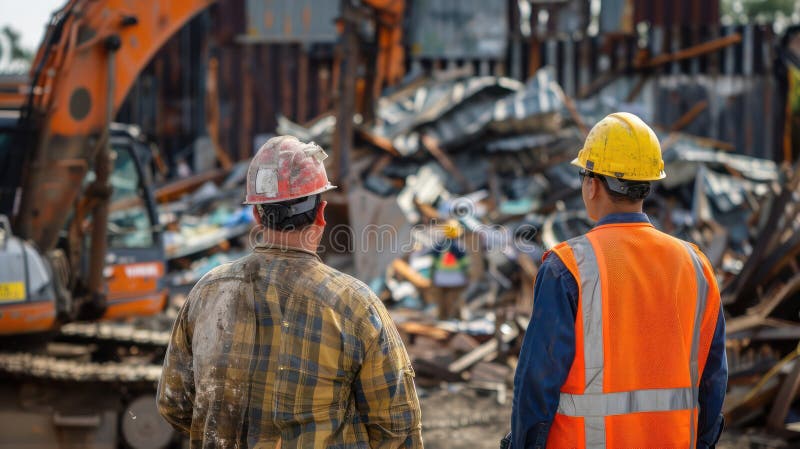 Construction Workers Assessing Damage and Planning Recovery Stock ...
