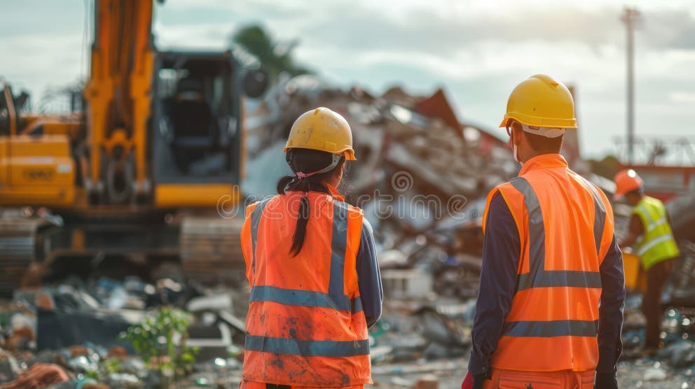 Construction Workers Assessing Damage and Planning Recovery Efforts ...