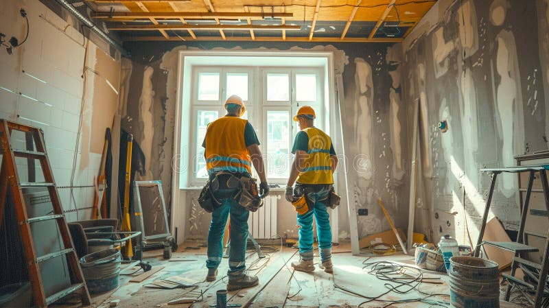 Construction Workers Assessing Progress in a Renovated Interior Space ...