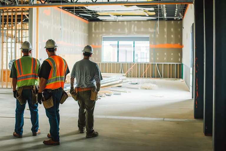 Construction Workers Assessing a Space Alone or with Colleagues Stock ...