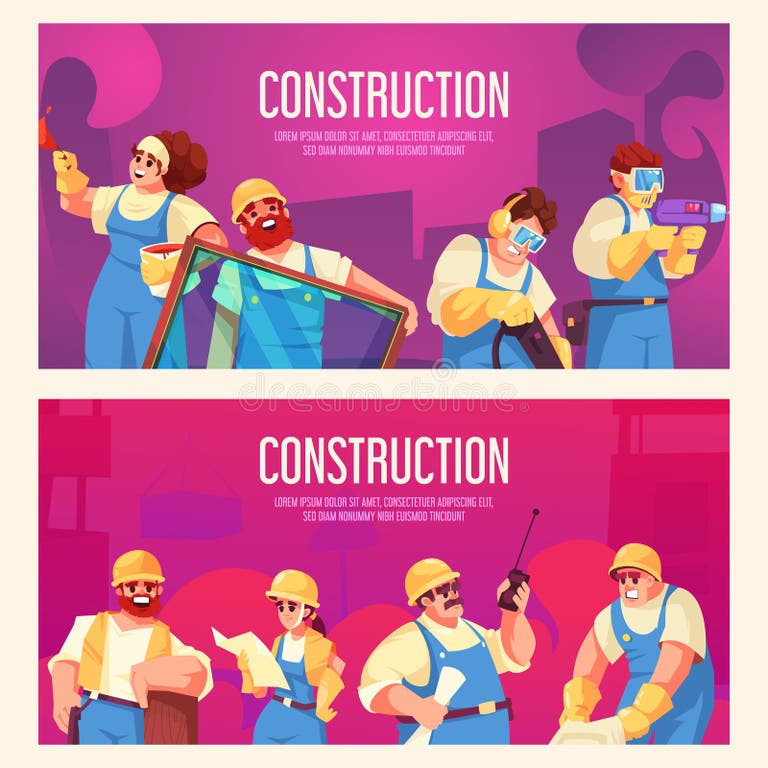 Construction Workers Banner Template Set in Flat Design Stock ...
