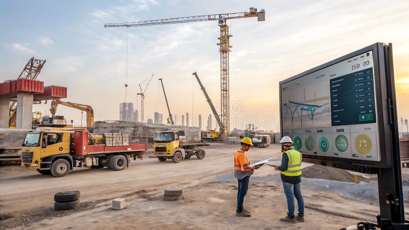 Construction Workers Behind Blueprints and Laptop on Construction Site ...