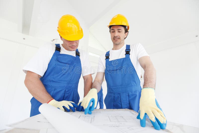 Construction Workers with Blueprint Stock Image - Image of architecture ...