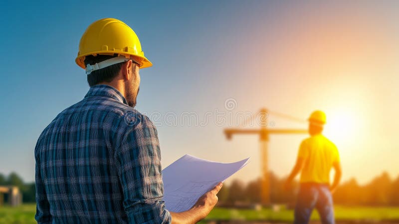 Construction Workers with Blueprints at Sunset Stock Illustration ...