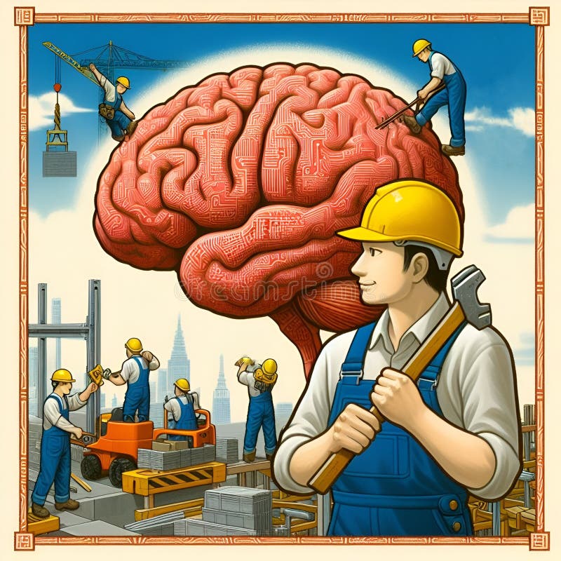 Construction Workers on Brain Concept Cartoon Image. Stock Illustration ...