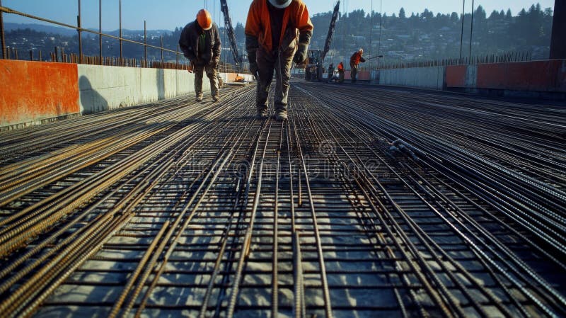 Construction Workers on a Bridge with Rebar Grid Stock Illustration ...