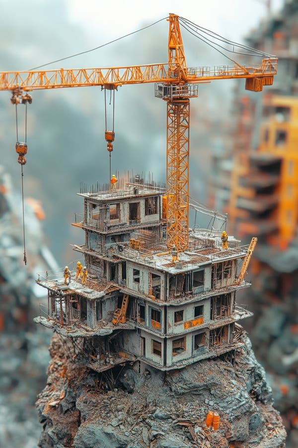 Construction Workers Build a Modern Concrete Structure on a Rocky ...