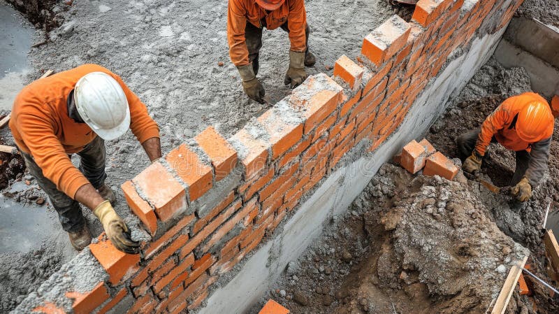 Construction Workers Building a Brick Wall Stock Image - Image of ...