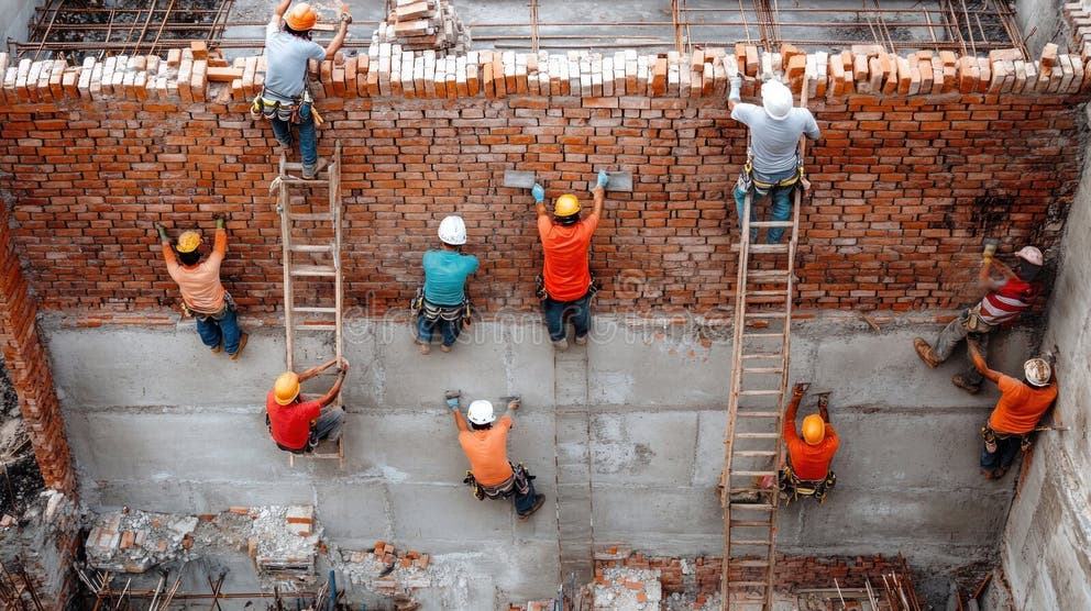 Construction Workers Building a Brick Wall: a High-Angle View of Teamwork and Skill Stock ...