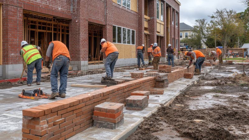 Construction Workers Building a Brick Wall Outside a Brick Building ...