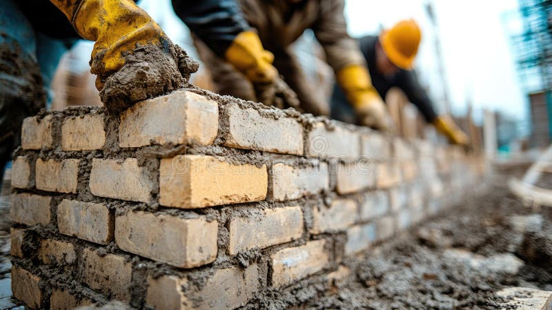 Construction Workers Building a Brick Wall Using Cement Stock ...