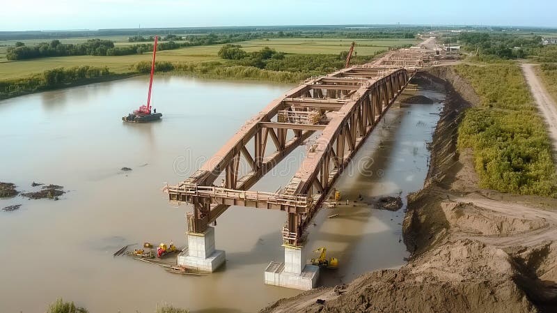 Construction Workers Building a Bridge Over Wide River Stock Illustration - Illustration of ...