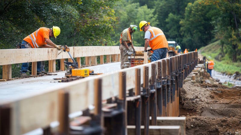 Construction Workers Building a Bridge Railing Stock Illustration ...