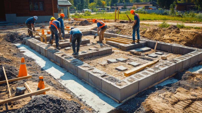 Construction Workers Building a Concrete Foundation for a House Stock ...