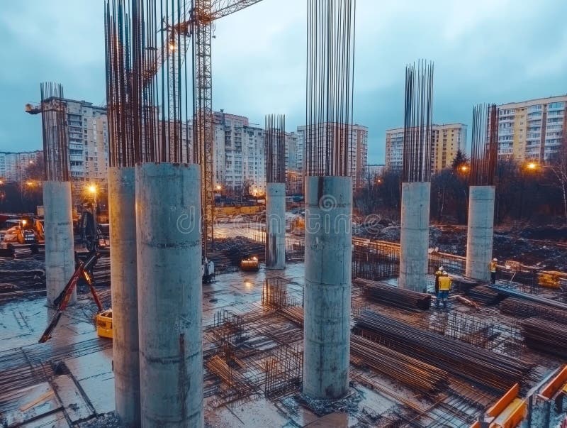 Construction Workers Building Concrete Pillars on a Site at Dusk Stock ...