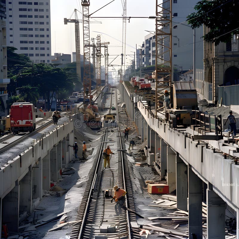 Construction Workers Building Elevated Metro Train Track in Urban ...