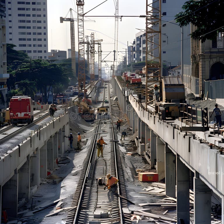 Construction Workers Building Elevated Metro Train Track in Urban ...