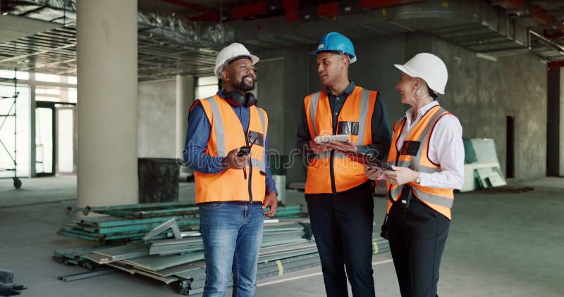 Construction Workers, Building Engineers or Tablet in Teamwork Planning, Architecture Innovation ...