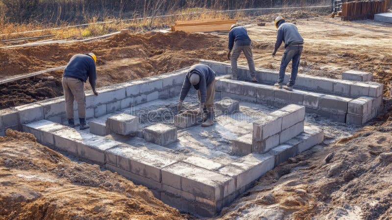 Construction Workers Building a Foundation with Concrete Blocks Stock ...