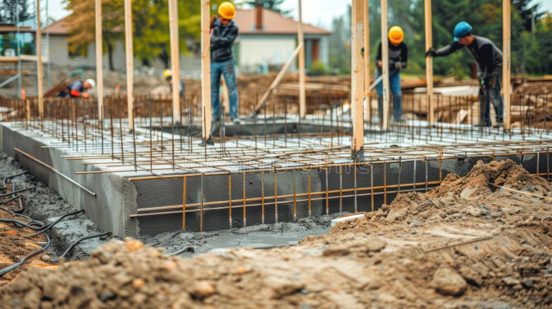 Construction Workers Building Foundation Stock Illustration ...