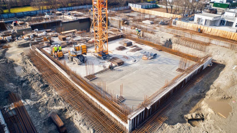 Construction Workers Building Foundations of Modern Apartment Building ...