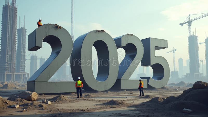 Construction Workers Building Giant 2025 Sign in City Under ...