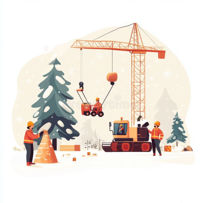 Construction Workers Building a Giant Snow Christmas Tree Using a Crane ...