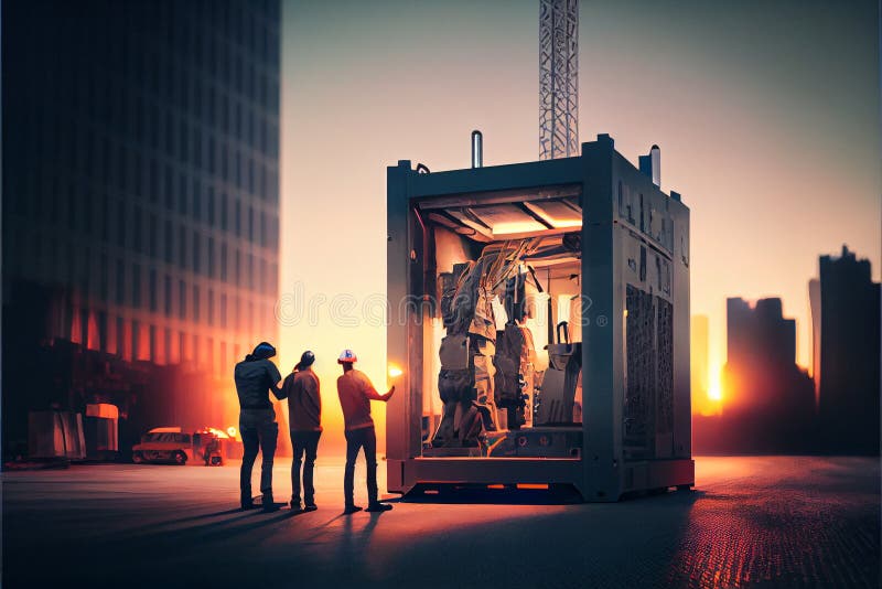 Construction Workers Building House with 3d Printer. Industrial 3D ...