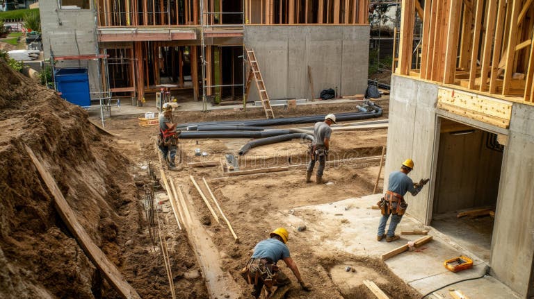 Construction Workers Building a House Foundation Stock Illustration ...