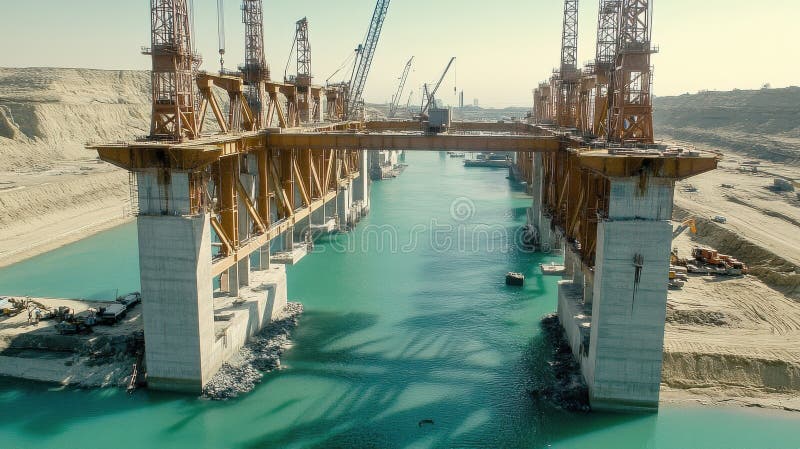 Construction Workers Building a Large Bridge Over a Canal Stock ...