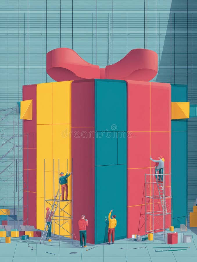 Workers Construct a Giant Colorful Gift Box in a Vibrant Warehouse ...
