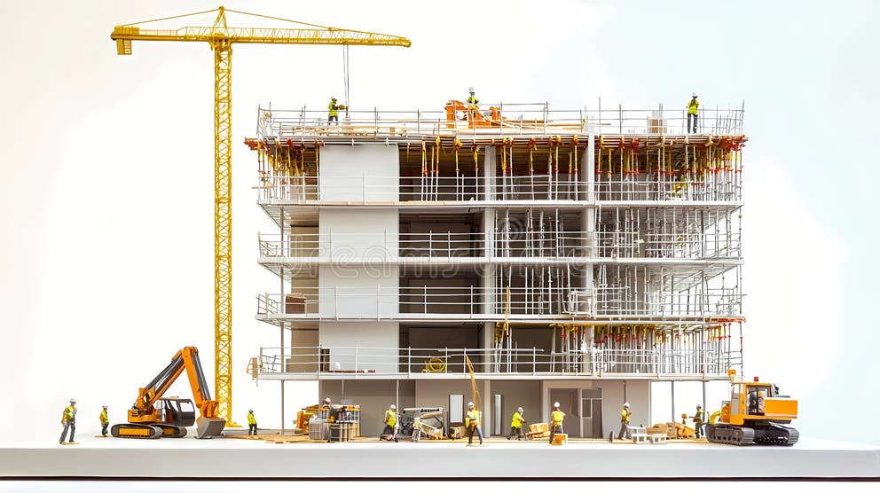 Construction Workers Building Modern Architectural Scale Model with ...