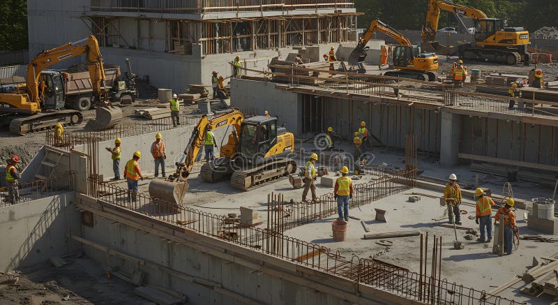 Construction Workers Building Modern Building Foundation Stock Image ...