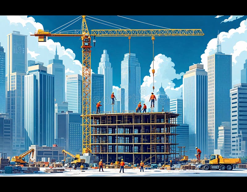 Construction Workers Building a Modern Skyscraper in a Bustling City ...