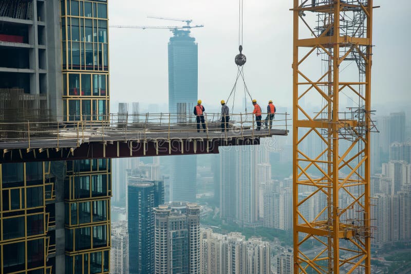 Construction Workers Building Modern Skyscraper Over City Skyline Stock ...