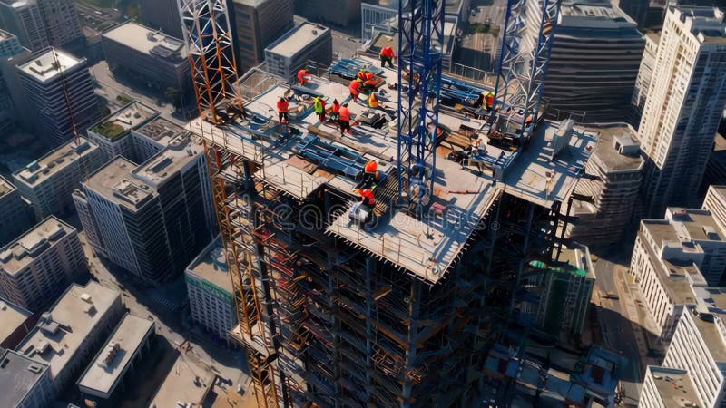 Construction Workers Building Modern Skyscraper in Urban Area Stock ...